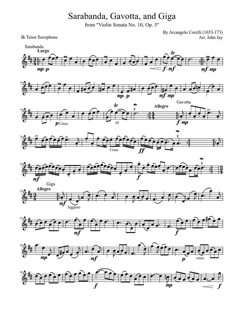 Sarabanda, Gavotta, and Giga Sheet music for Saxophone tenor (Solo ...