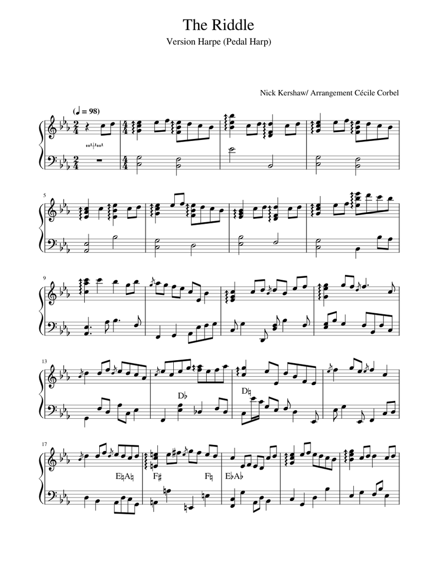 The Riddle – Nik Kershaw - Cécile Corbel - Pedal Harp Sheet music for ...
