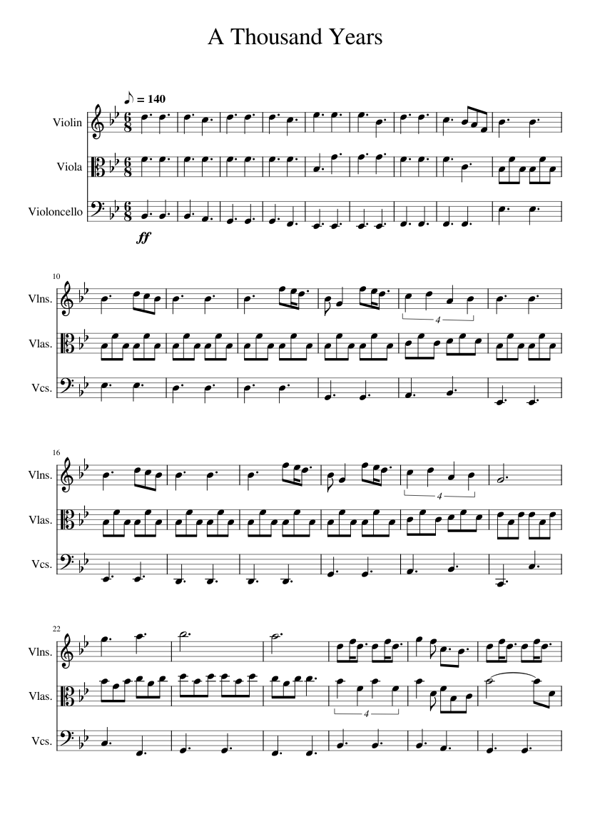 THOUSAND YEARS VIOLIN VIOLA CELLO Bflat Major Sheet Music Trio Sheet ...