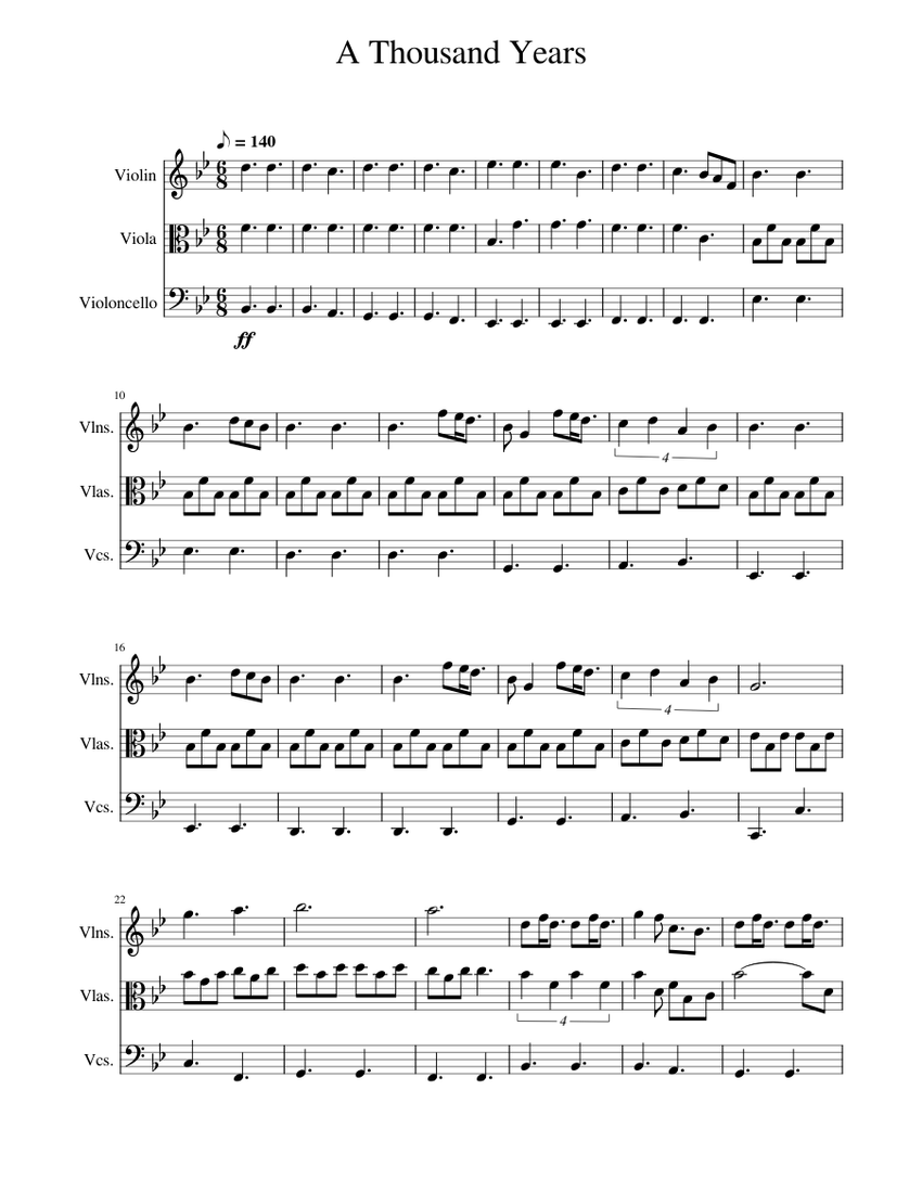 THOUSAND YEARS VIOLIN VIOLA CELLO Bflat Major Sheet Music Trio Sheet ...
