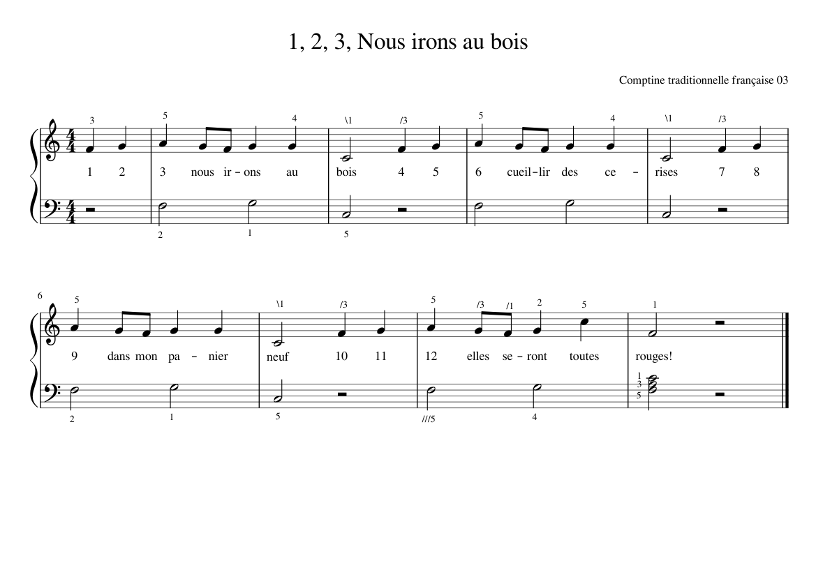 1, 2, 3, Nous irons au bois Sheet music for Piano (Solo) Easy ...