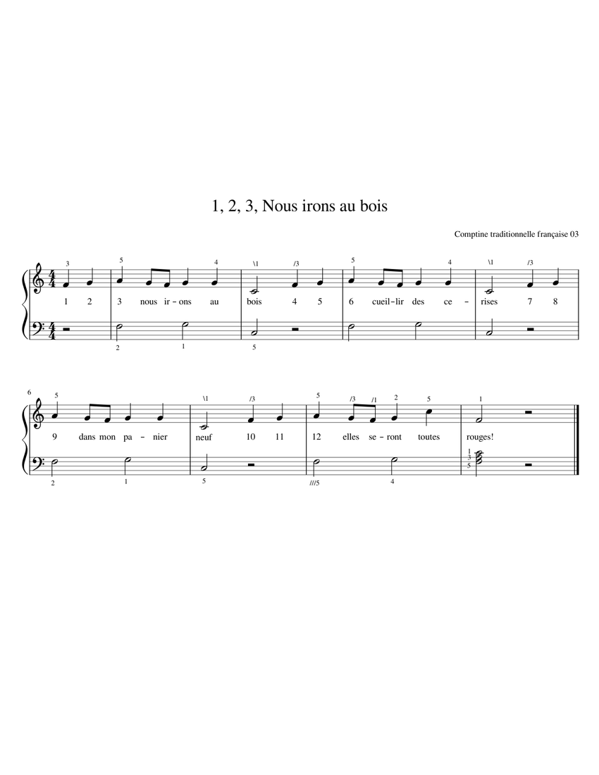1, 2, 3, Nous irons au bois Sheet music for Piano (Solo) Easy ...