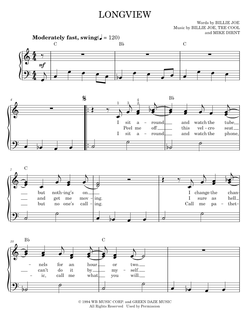 Play Official version of Longview sheet music by Green Day for Piano ...