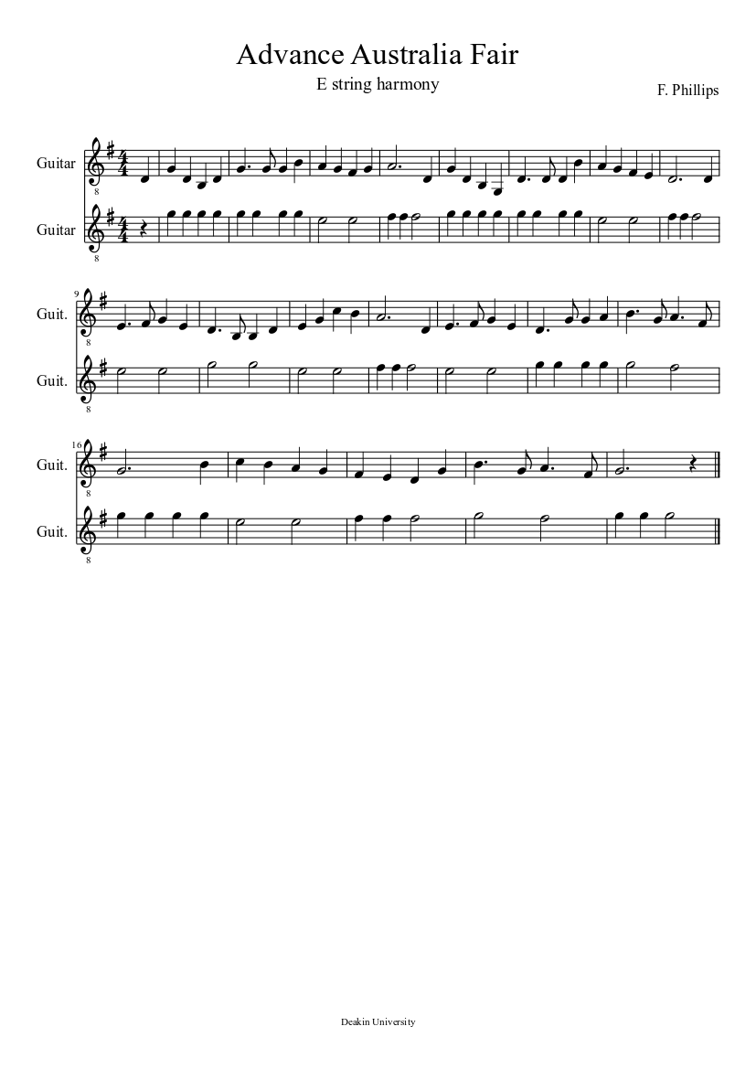 Advance Australia Fair -E string Harmony Sheet music for Guitar (Mixed ...