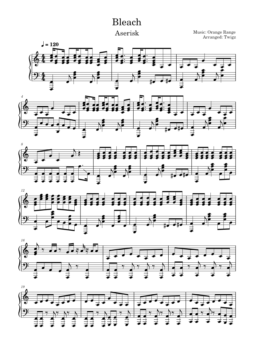 Bleach OP 1 Asterisk – ORANGE RANGE Sheet Music for Piano (Solo ...