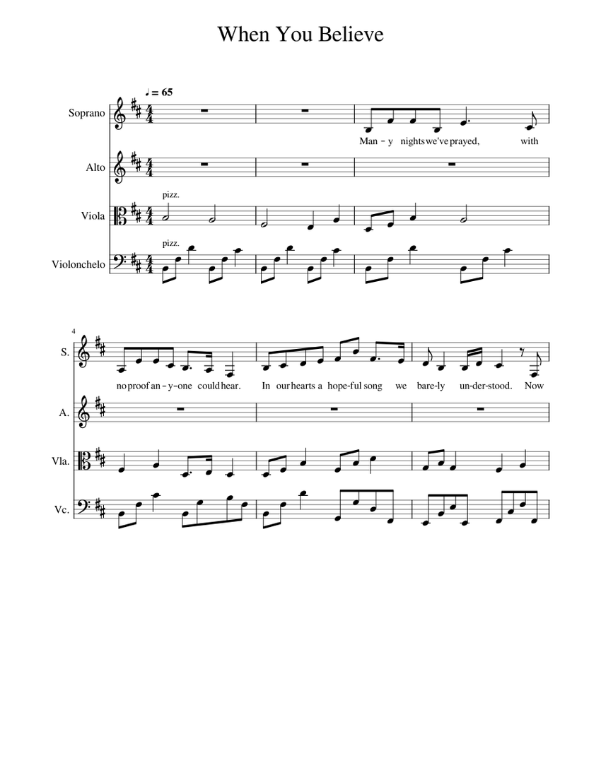 When You Believe Sheet music for Soprano, Alto, Viola, Cello (Mixed ...