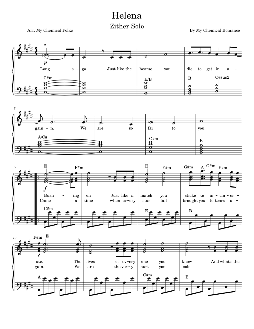 Helena – MCR - Zither Solo wtih Lyrics Sheet music for Piano (Solo ...