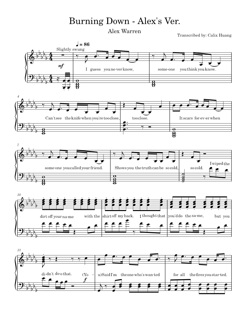 Burning Down - Alex's Ver. Sheet Music for Piano (Solo) | MuseScore.com