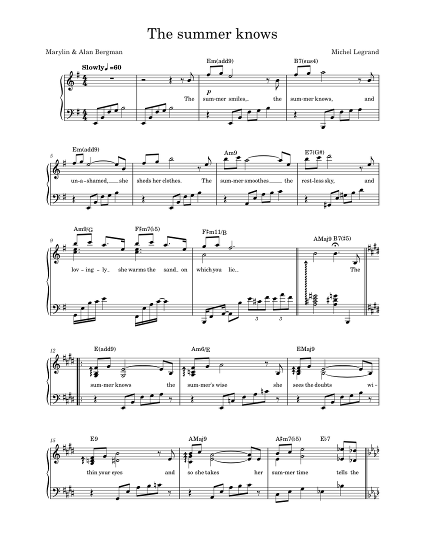 The summer knows – Michel Legrand Sheet music for Piano (Solo) | Musescore.com
