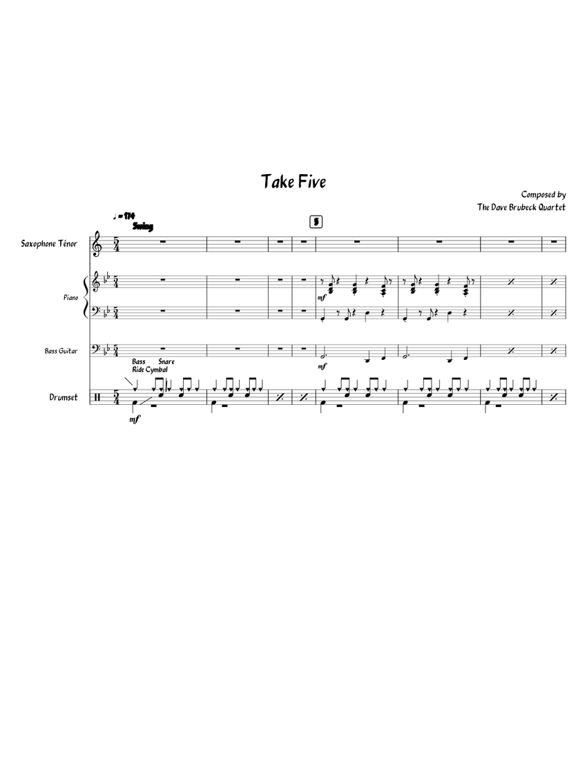 Take Five Sheet music for Piano, Saxophone tenor, Bass guitar, Drum ...