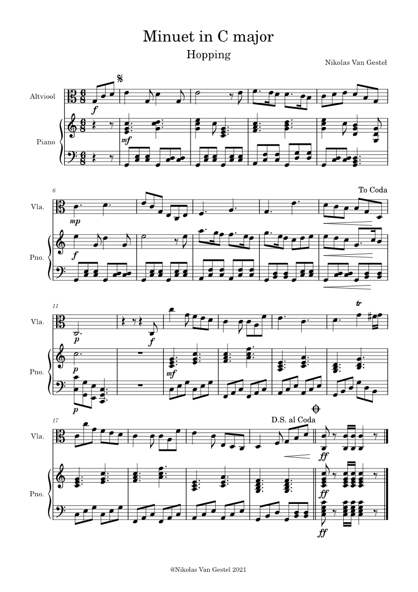 Minuet in C major: Hopping Sheet music for Piano, Viola (Mixed Duet) | Musescore.com
