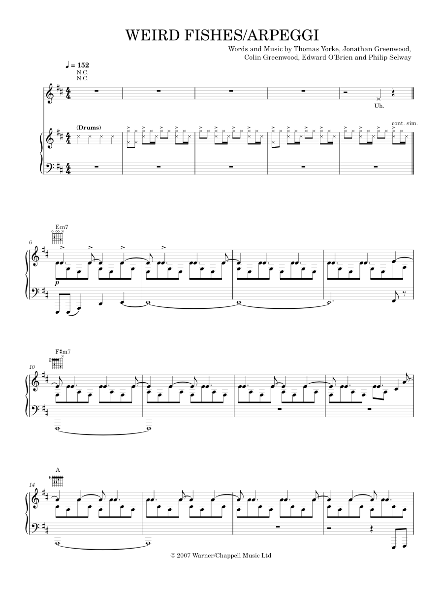 Play Official version of Weird fishes arpeggi Sheet Music by Radiohead ...