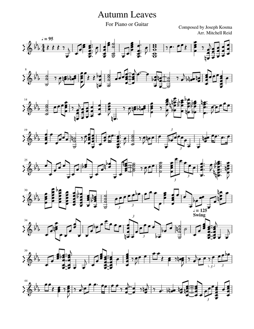 Autumn Leaves for Piano or Guitar Sheet music for Piano (Solo) Easy ...