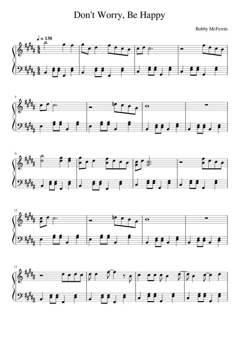 Don't Worry Be Happy – Bobby McFerrin Sheet Music for Piano (Solo) Easy ...