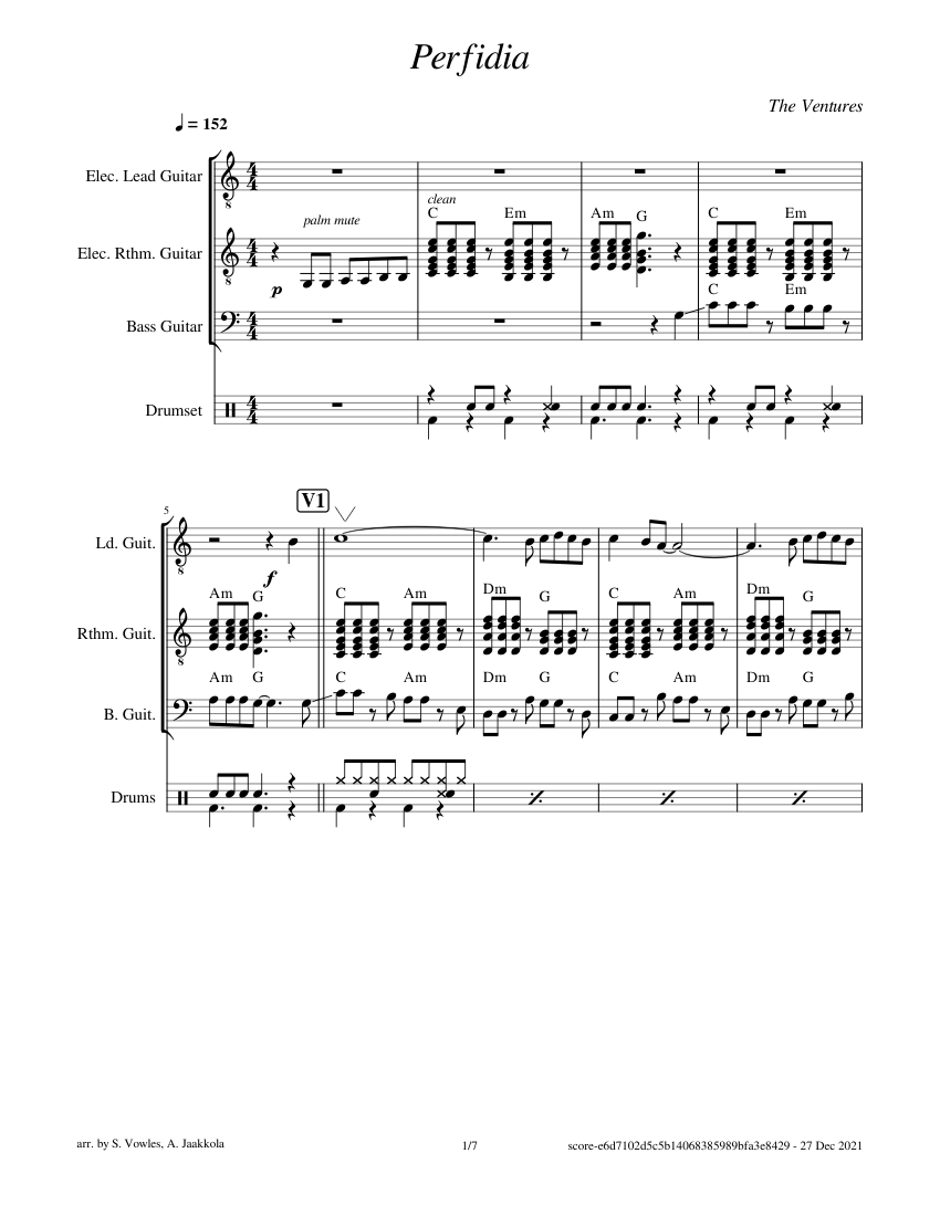 Perfidia (Ventures) Sheet music for Guitar, Bass guitar, Drum group ...