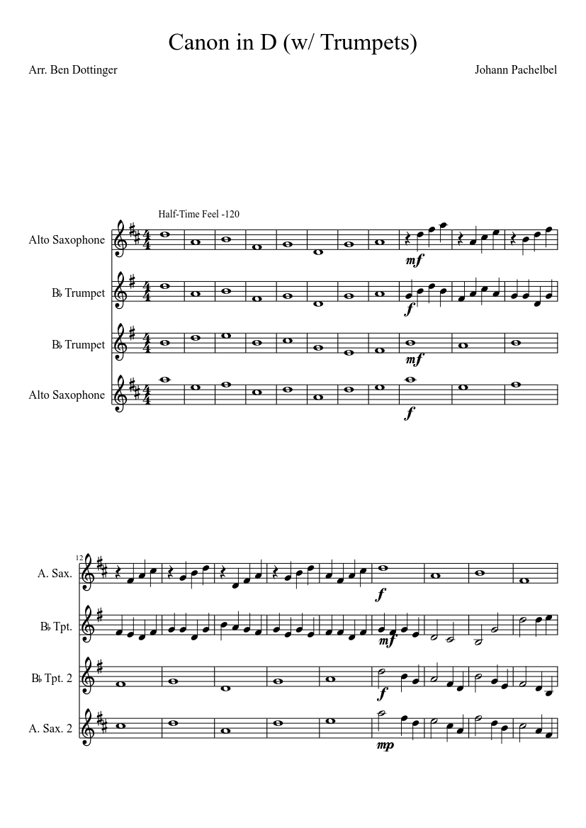 Canon in D Sax+Trumpets Sheet music for Trumpet other (Brass Duet ...