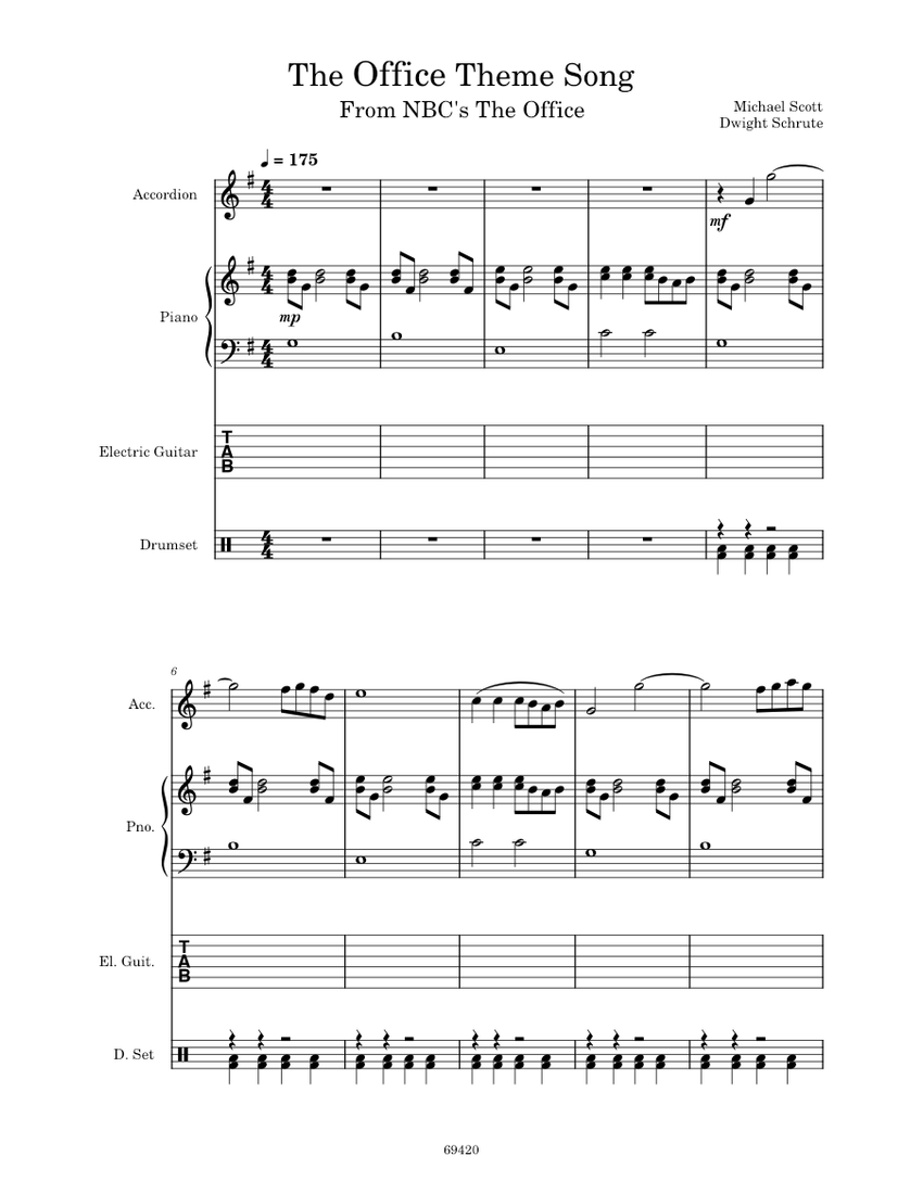 The Office Theme Song Sheet music for Piano, Drum Group, Guitar ...