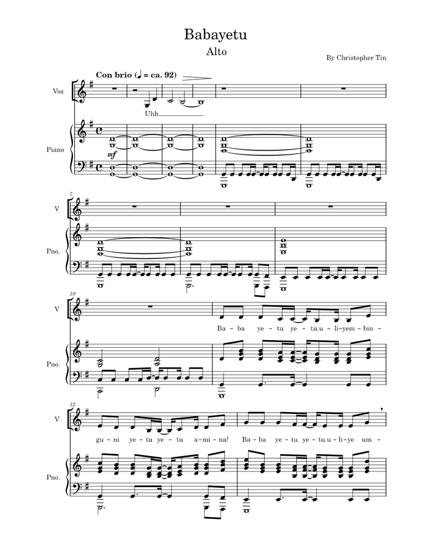 Baba yetu – Christopher Tin Baba yetu – Baba yetu Alto Sheet music for Piano (Women’s Choir ...
