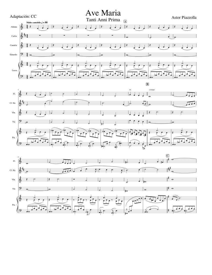Ave Maria – Astor Piazzolla Sheet music for Piano, Flute, Clarinet in b ...