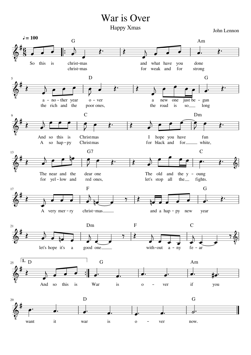War is Over Sheet Music with Chords for Piano (Solo) easy | MuseScore.com