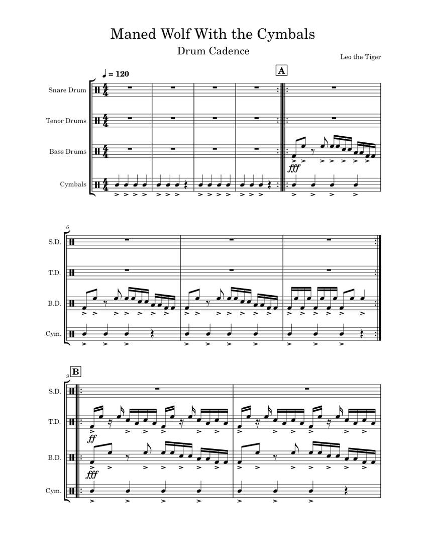Maned Wolf With the Cymbals (Drum Cadence) Sheet music for Snare drum ...