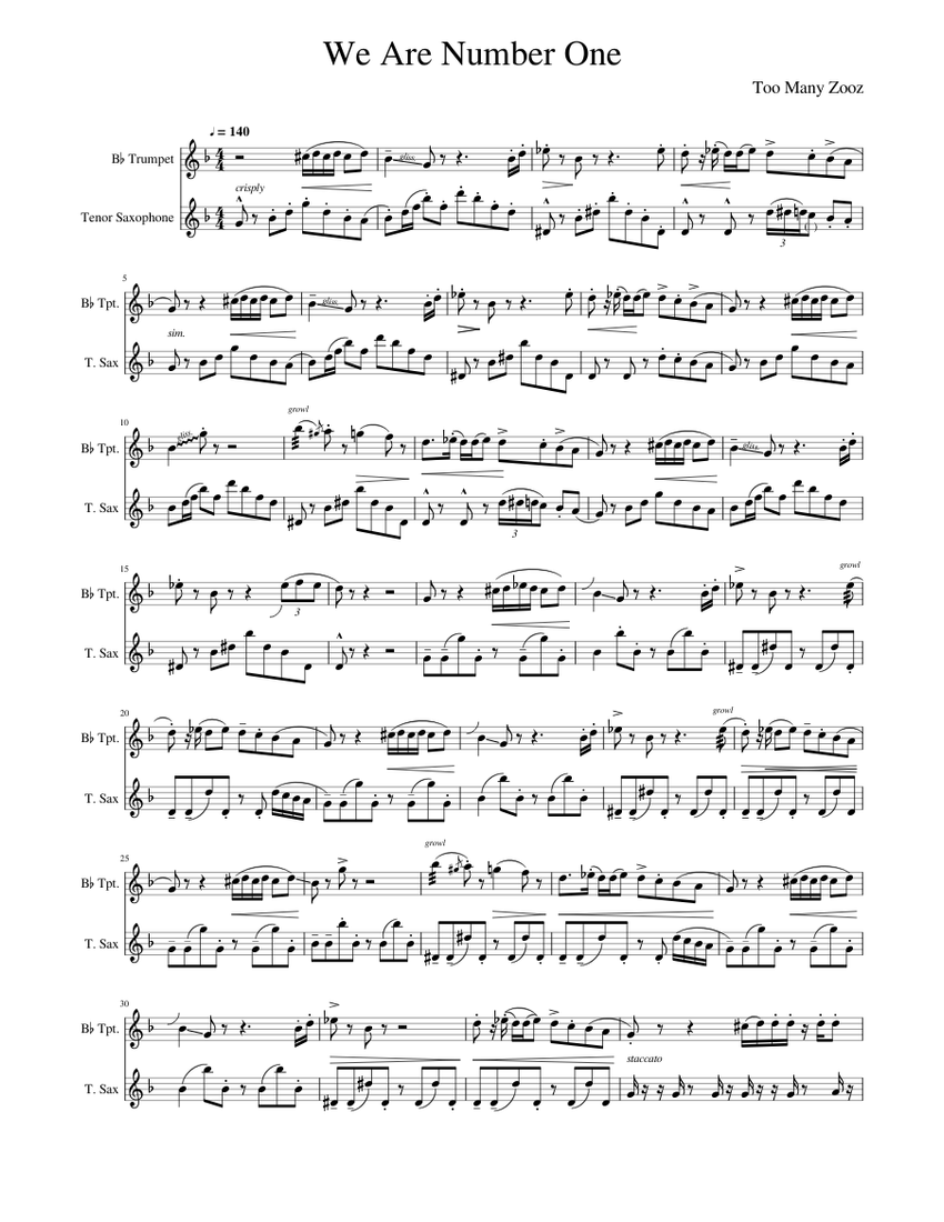 We Are Number One Sheet music for Saxophone tenor, Trumpet in b-flat ...