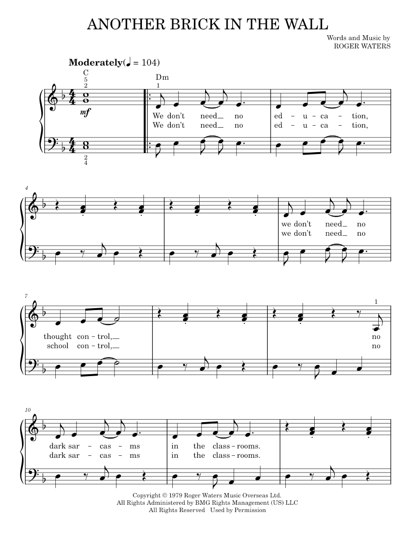 another brick in the wall Sheet music for Piano: Music Notes