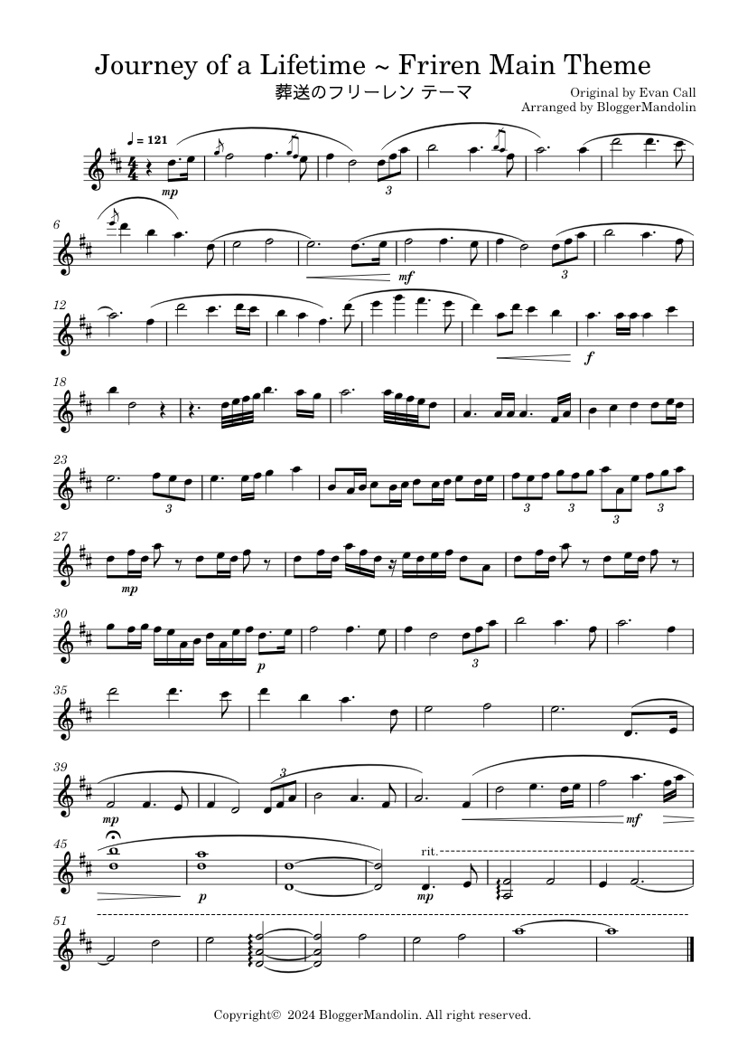 Journey of a Lifetime – Evan Call | Frieren Main Theme Sheet Music for ...
