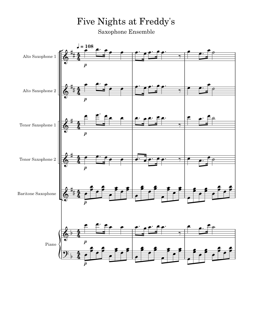 Five Nights at Freddy's Saxophone Ensemble (FNAF1) Sheet music for ...