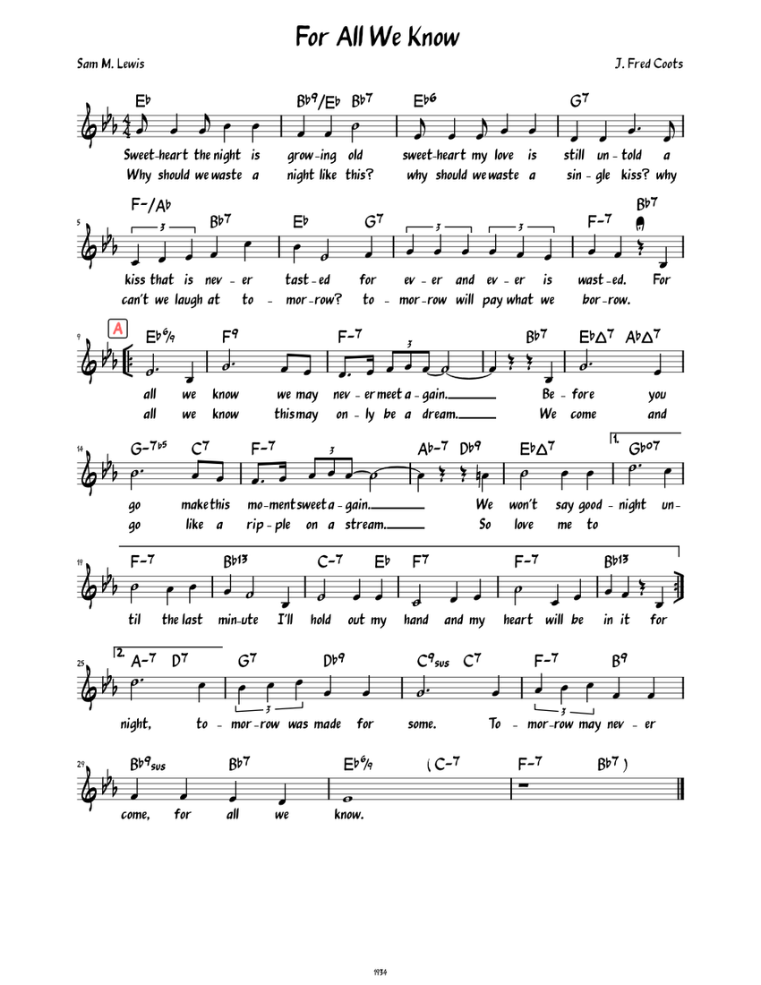 For All We Know (Lead sheet with lyrics ) Sheet music for Piano (Solo ...