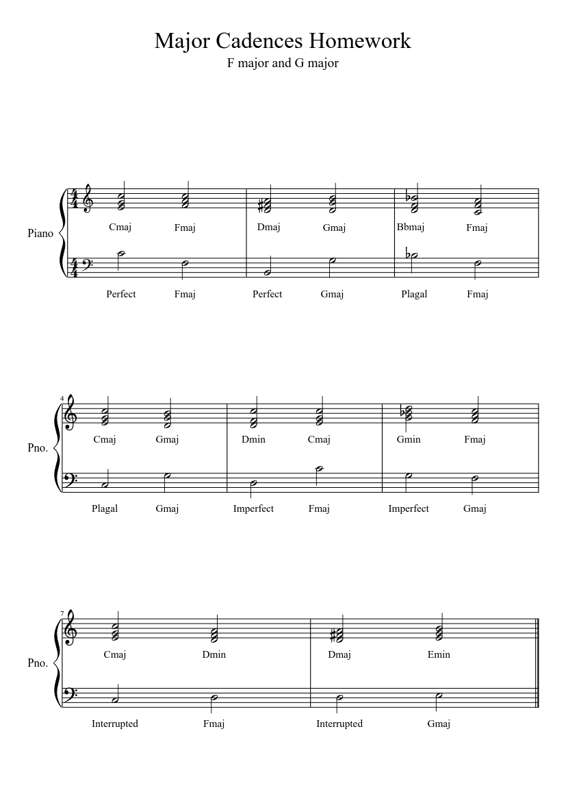 Major Cadences Homework Sheet music for Piano (Solo) | Musescore.com