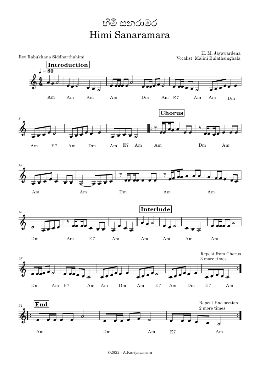 Himi Sanaramara - H.M.Jayawardena Sheet Music with Chords for Piano ...
