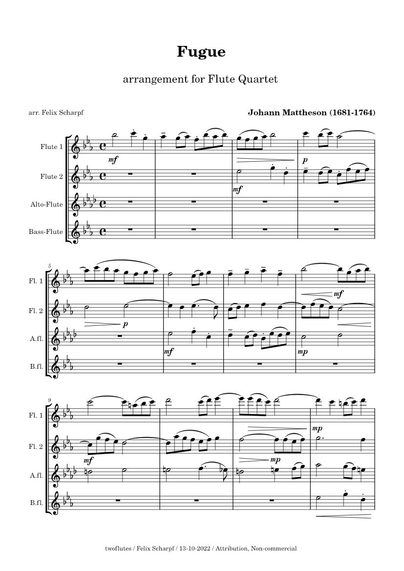 Fugue - Johann Mattheson - arr. for Flute Quartet Sheet music for Flute ...