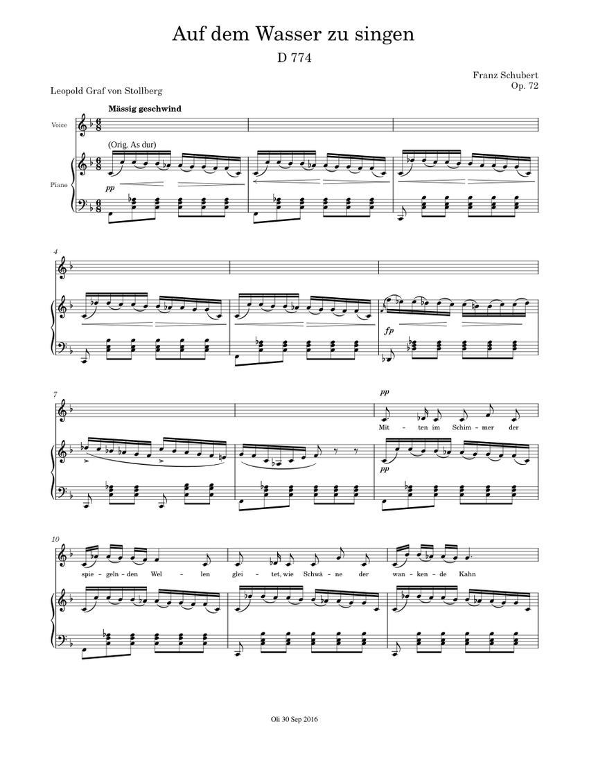 Schubert, Franz -Auf Dem Wasser Zu Singen, D774 Sheet music for Piano ...