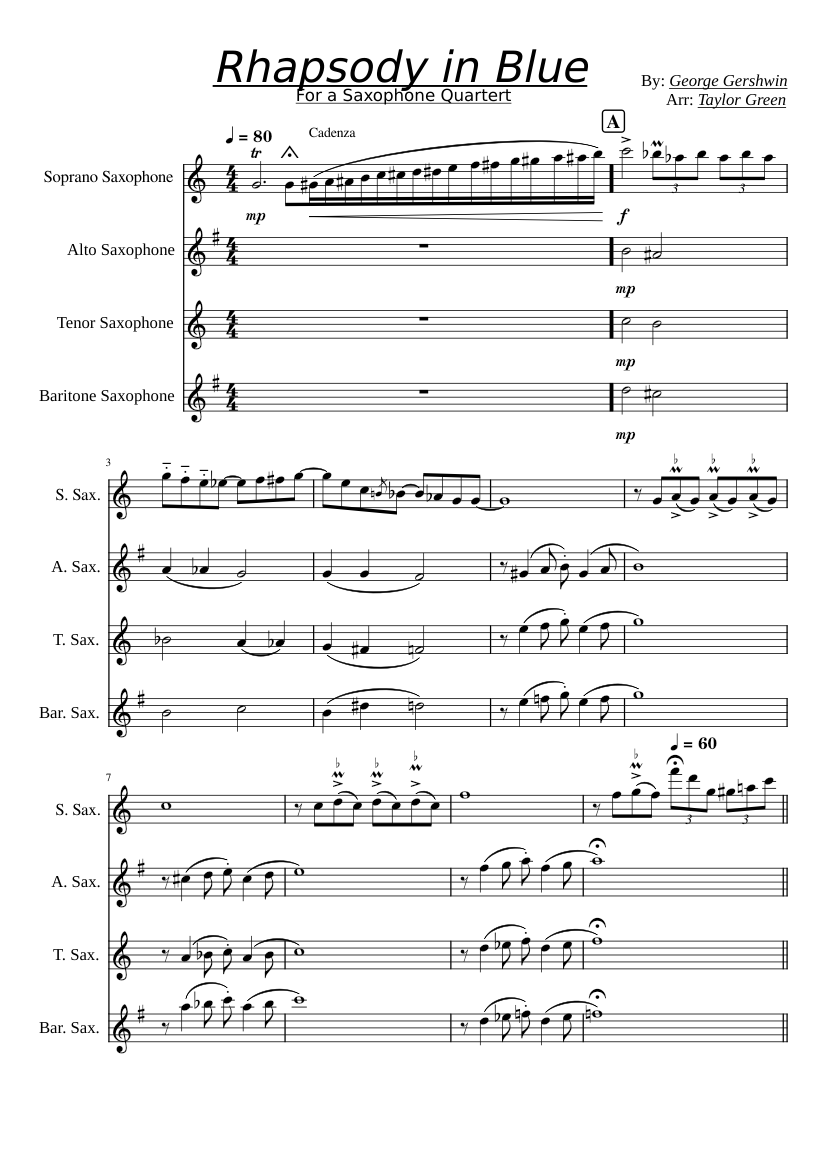 Rhapsody in Blue – George Gershwin - For a Saxophone Quartet Sheet ...