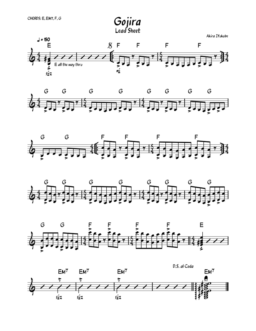 Gojira Theme - Lead Sheet - Akira Ifukube Sheet music for Piano (Solo ...