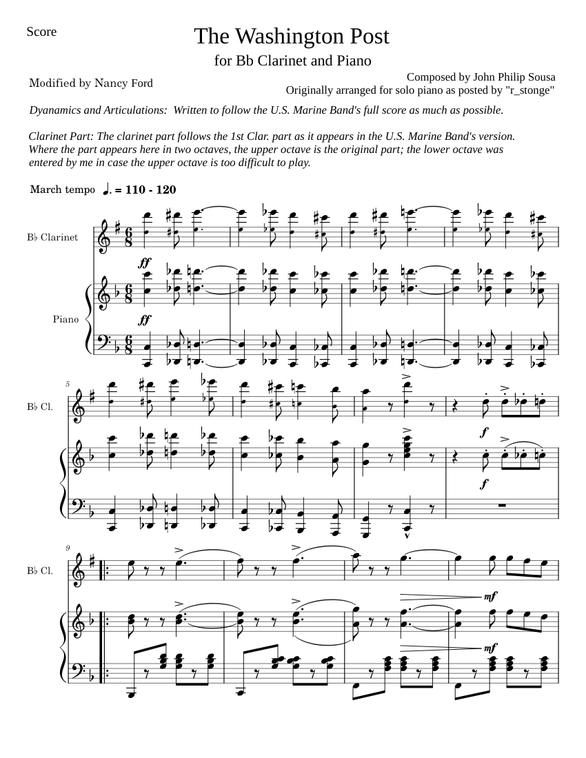 The Washington Post – John Philip Sousa (Bb Clarinet and Piano) Sheet ...