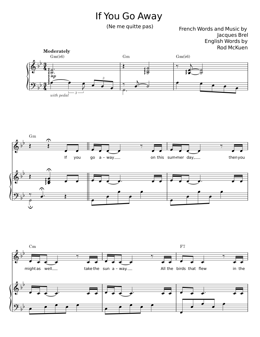 If You Go Away - Jacques Brel Sheet Music for Piano, Synthesizer (Mixed ...