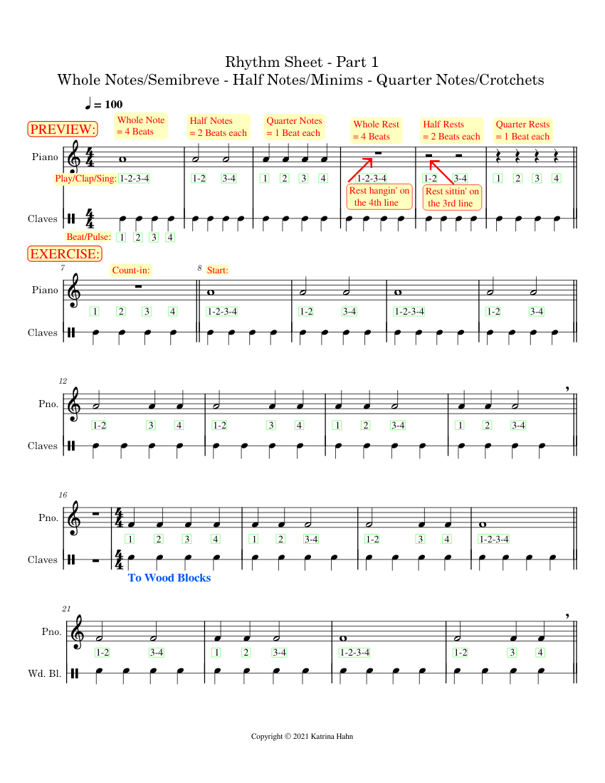 Basic Rhythm Exercises Part 1+2 - Whole,1/2,1/4,1/8,1/16 Notes Sheet ...