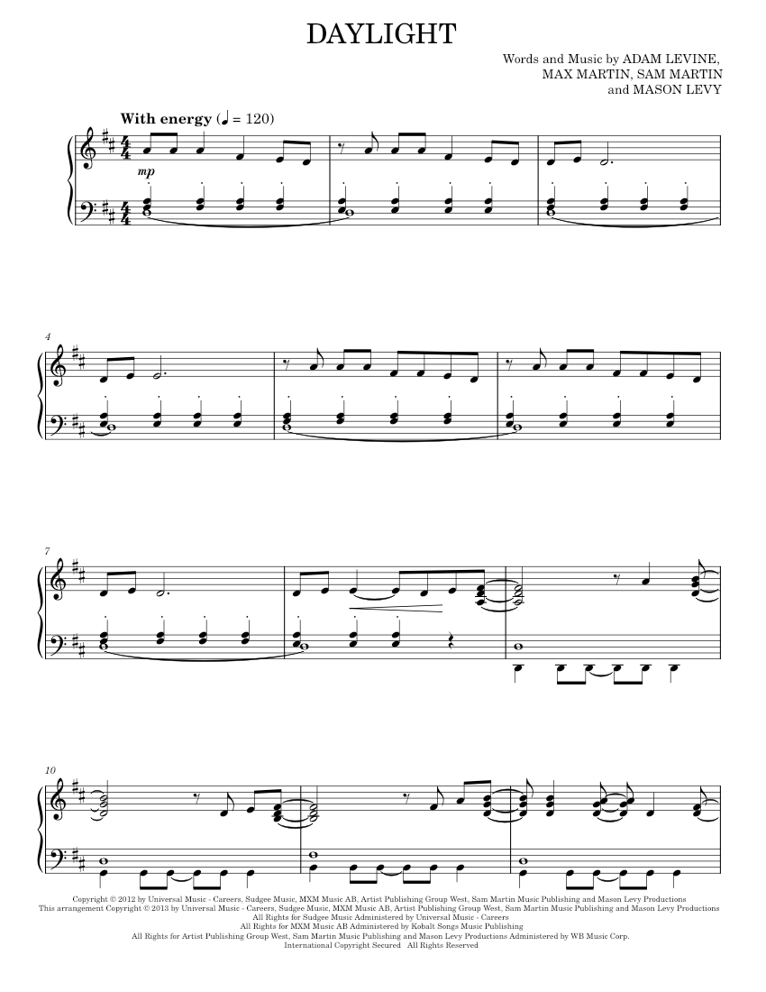 Play Official version of Daylight Sheet Music by Maroon 5 for Piano ...