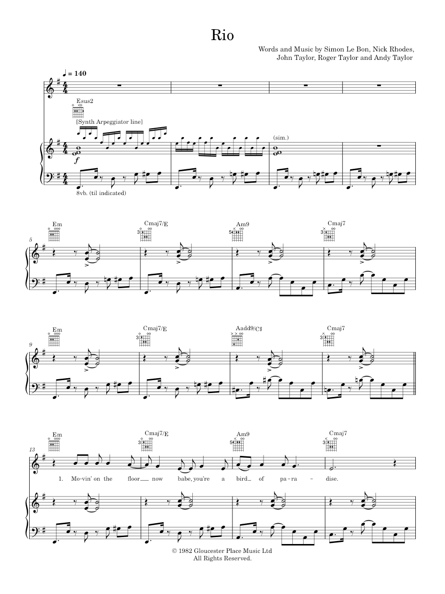 Play Official version of Rio Sheet Music by Duran Duran for Piano, Vocals | MuseScore.com
