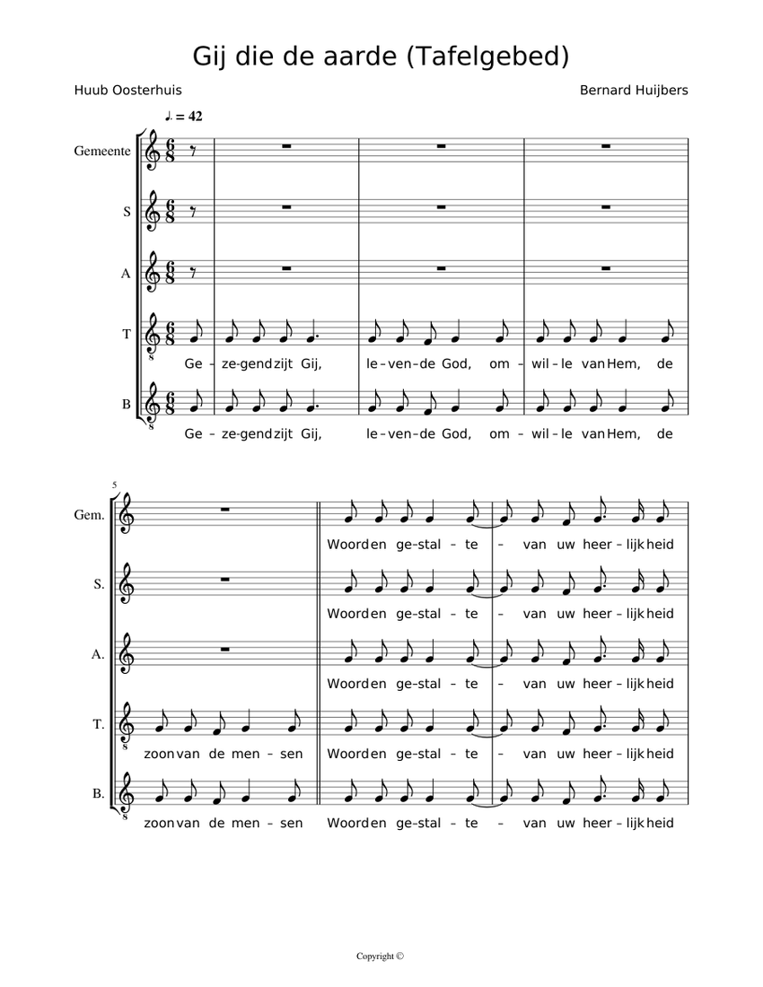 0073 Gij die de aarde (Tafelgebed) Sheet music for Soprano, Alto, Tenor ...