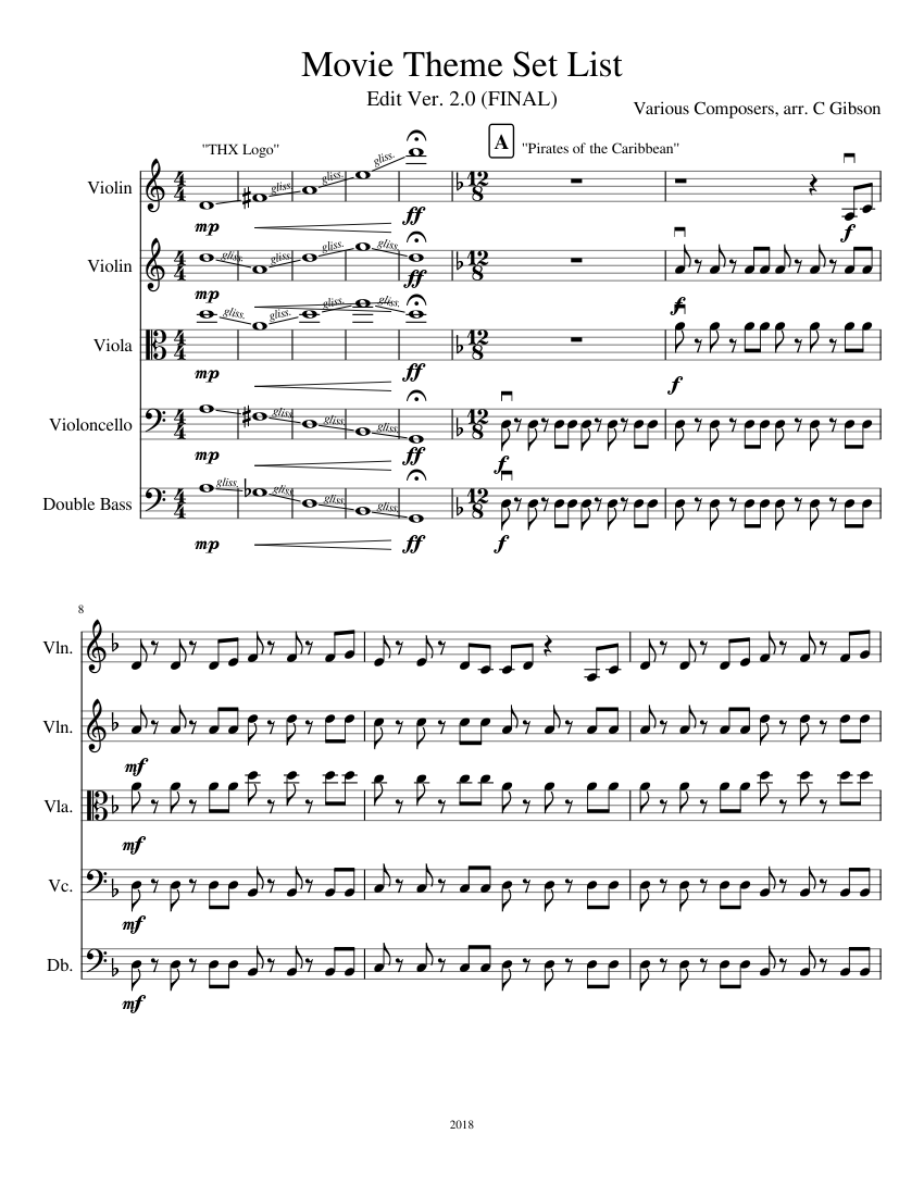 Movie Theme Set List Sheet music for Contrabass, Violin, Viola, Cello ...