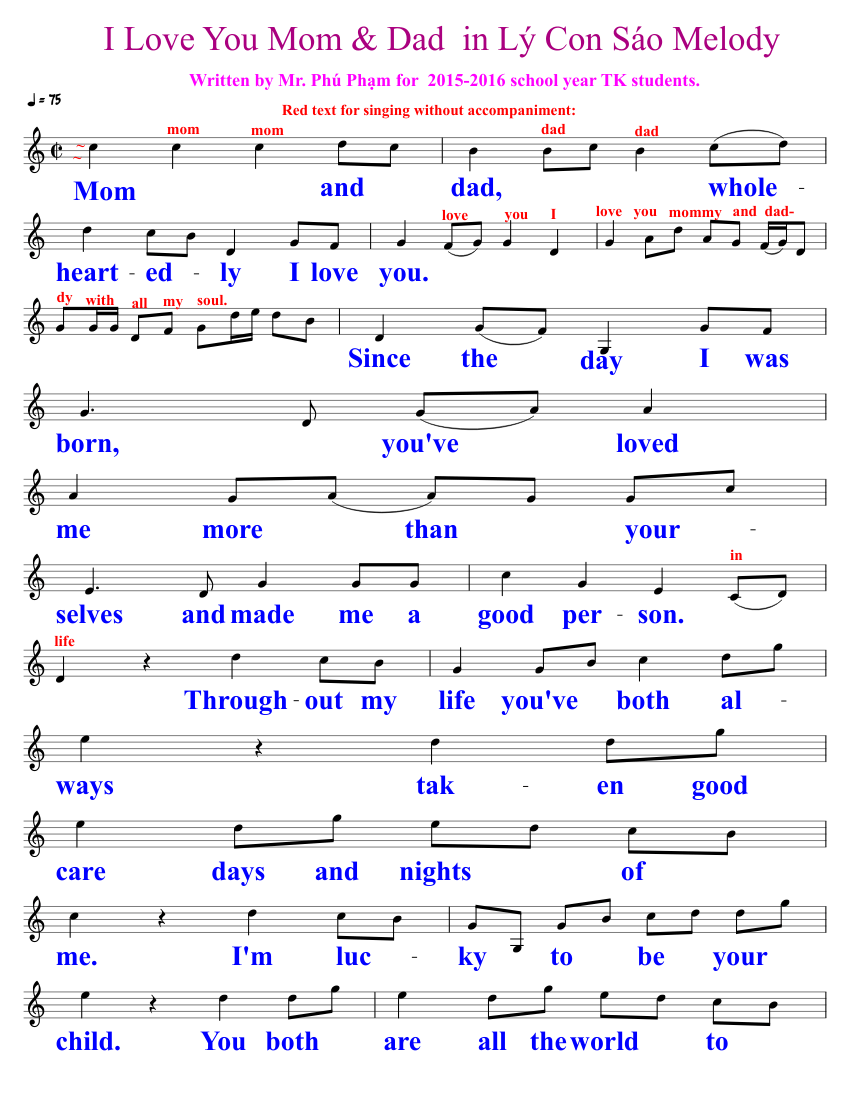 I Love You Mom & Dad in Lý Con Sáo Melody Sheet music for Piano (Solo ...