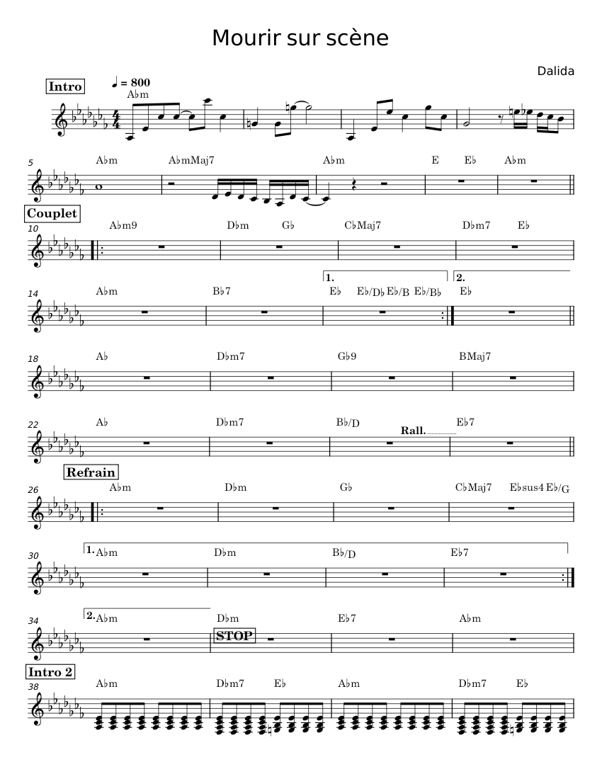 Mourir sur scène - Dalida Sheet Music with Chords for Piano (Solo) easy ...