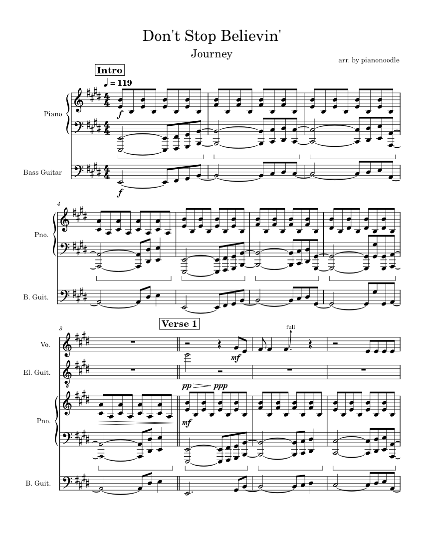 Don't Stop Believin' – Journey Sheet Music for Piano, Flute, Guitar ...