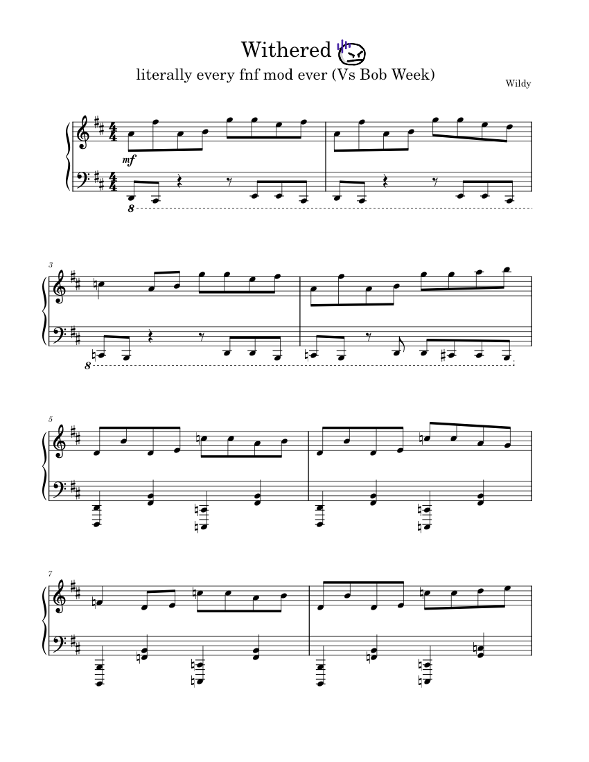 Withered - literally every fnf mod ever (Vs Bob Week) Piano solo Sheet ...