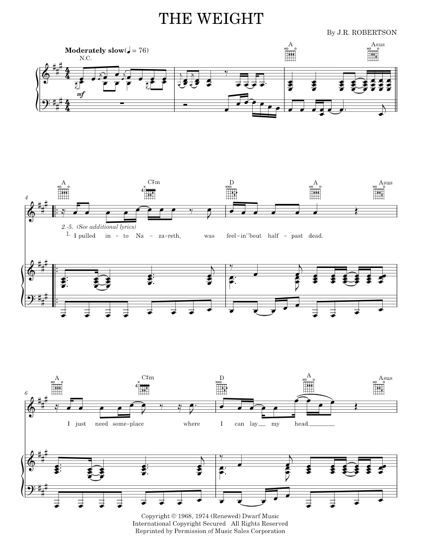 the weight Sheet music for Piano, Vocals: Music Notes