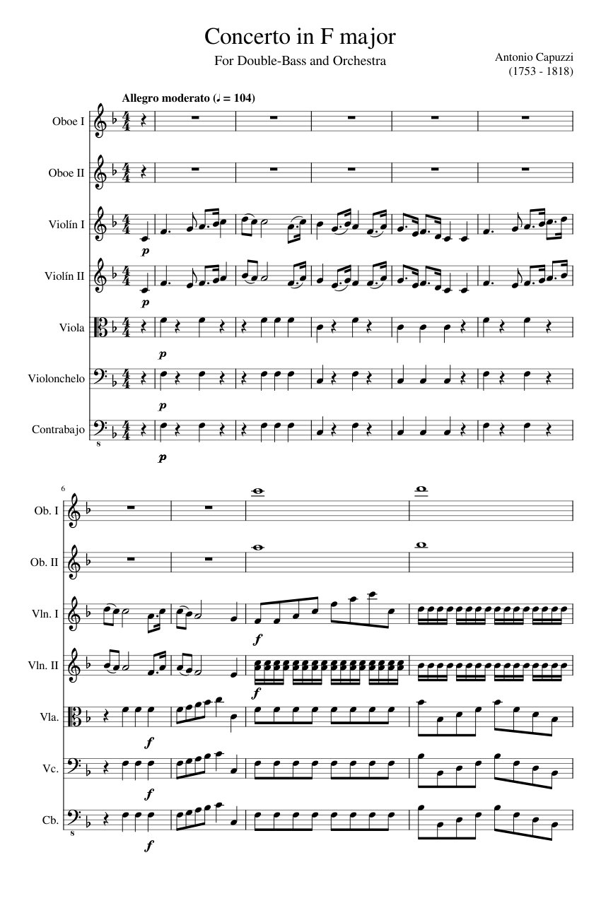 Antonio Capuzzi - Concerto in F major (Orchestral Part) Sheet Music for Oboe, Contrabass, Violin ...