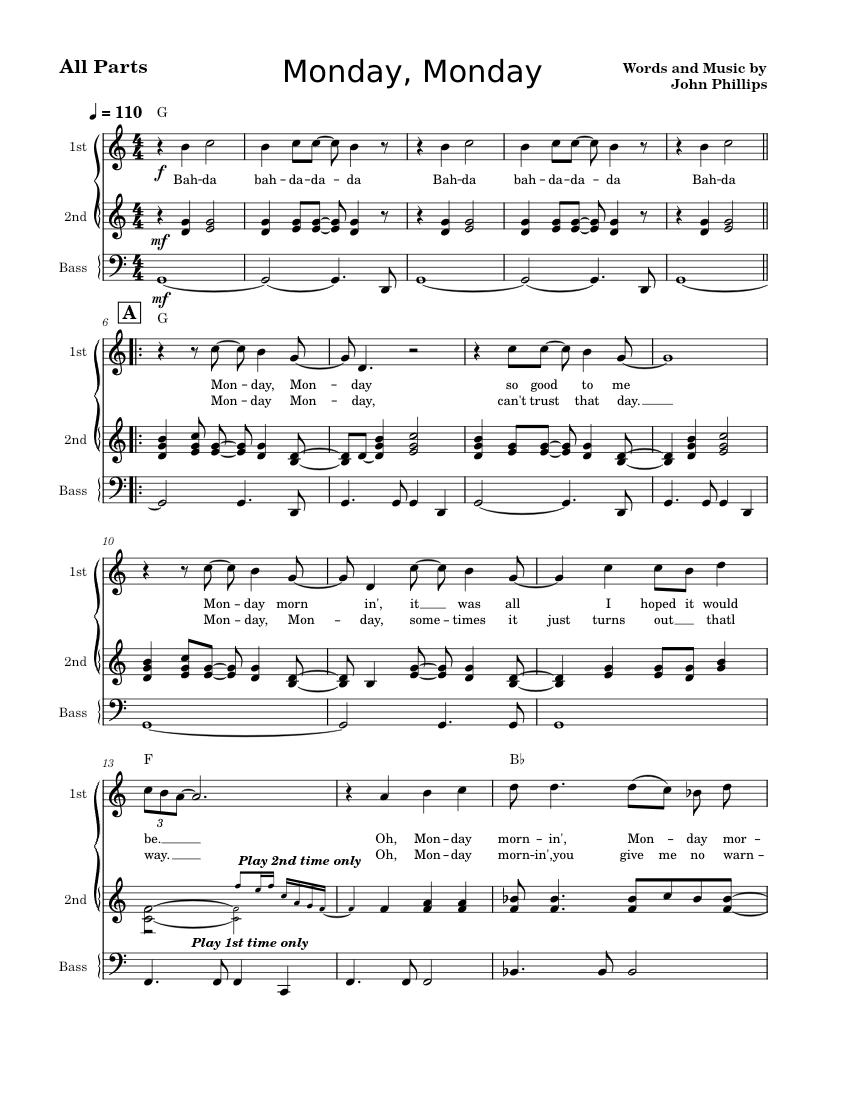Monday Monday All Parts Sheet Music with Chords for Accordion (Piano ...
